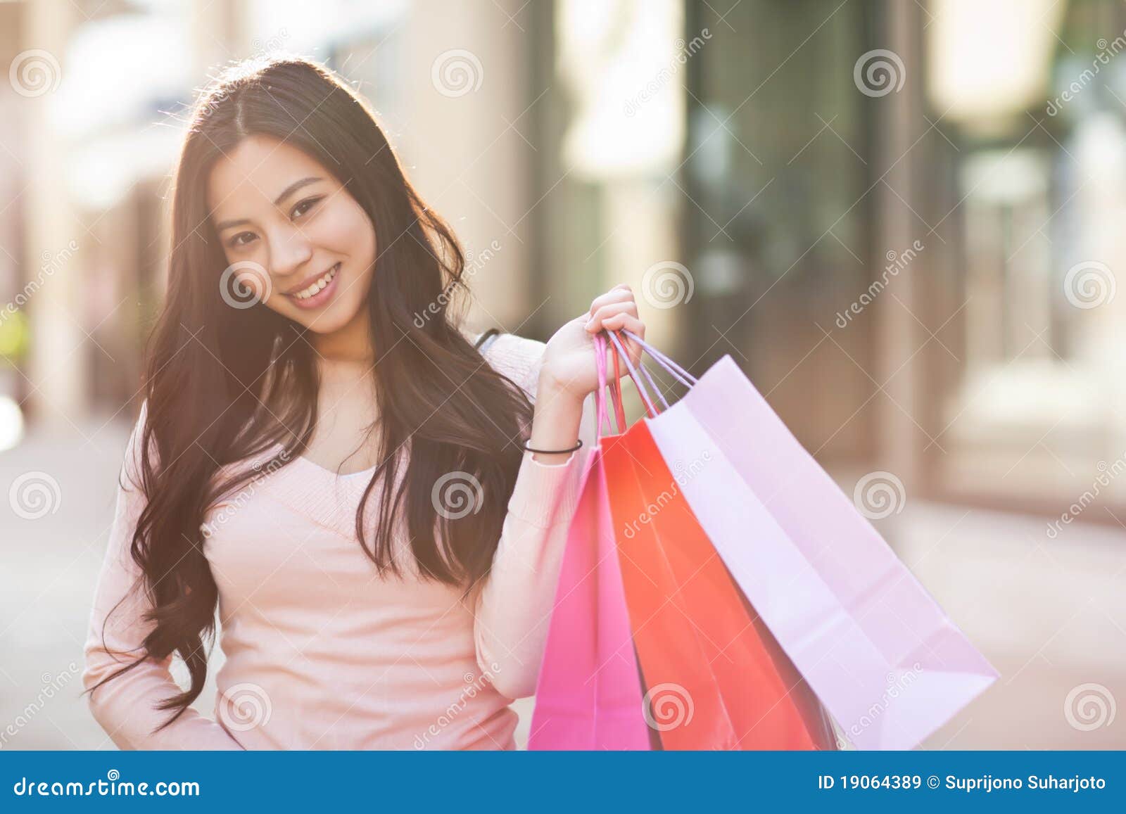 Asian woman shopping stock image. Image of brunette, happy - 19064389