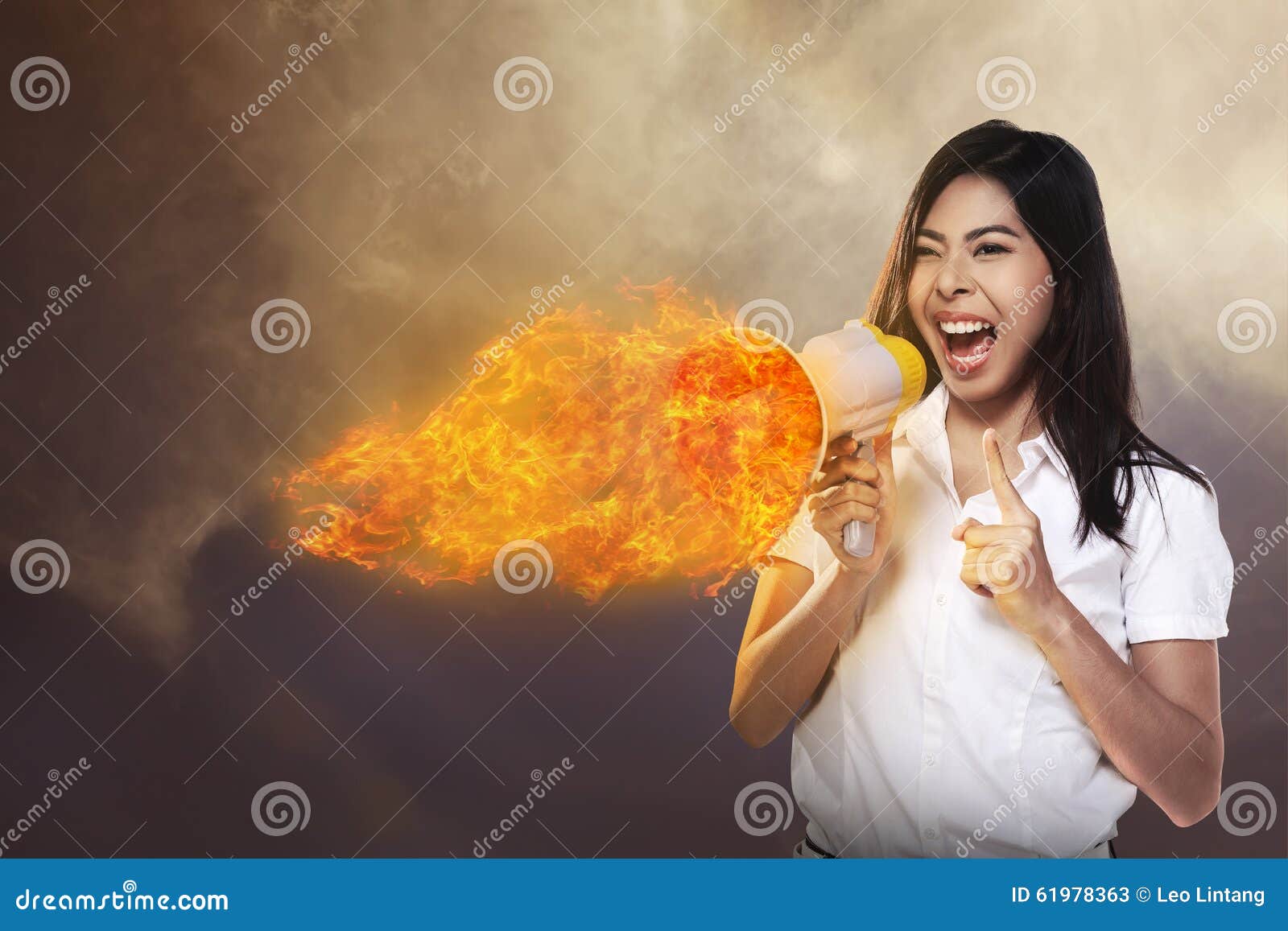Asian Woman Shouting Megaphone on Fire Stock Image - Image of emotion ...