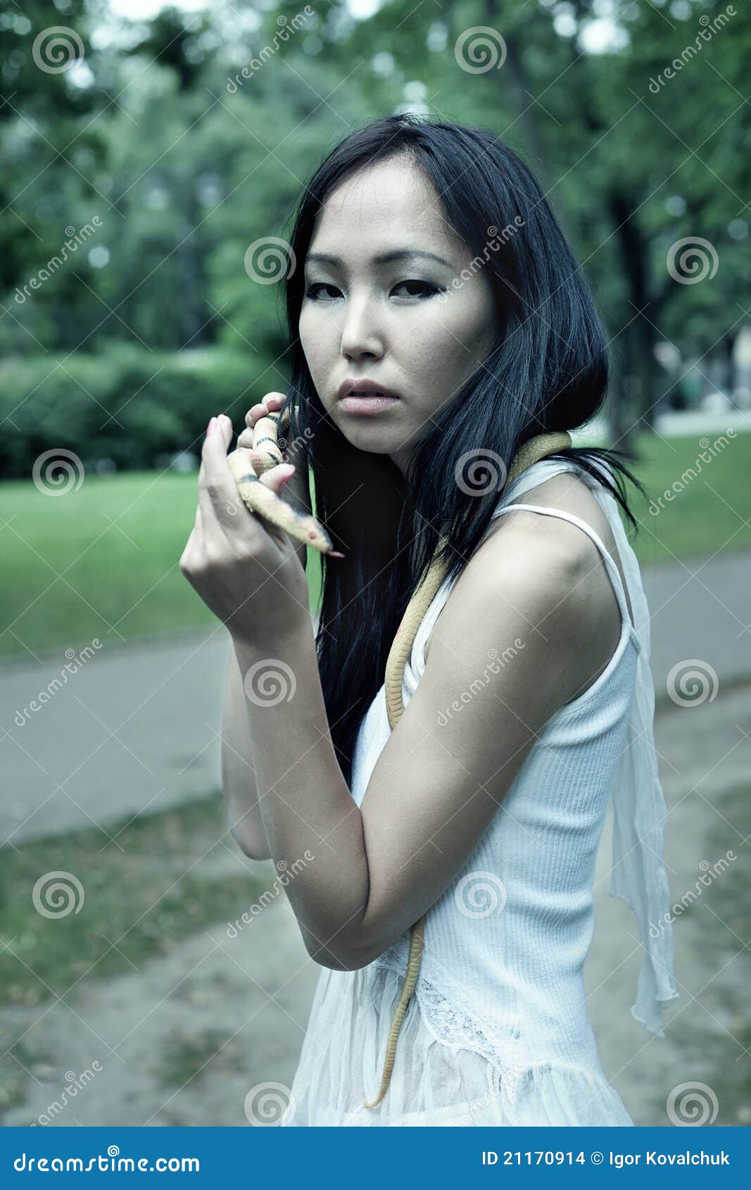 Asian woman with snake stock photo. Image of asian, green - 21170914