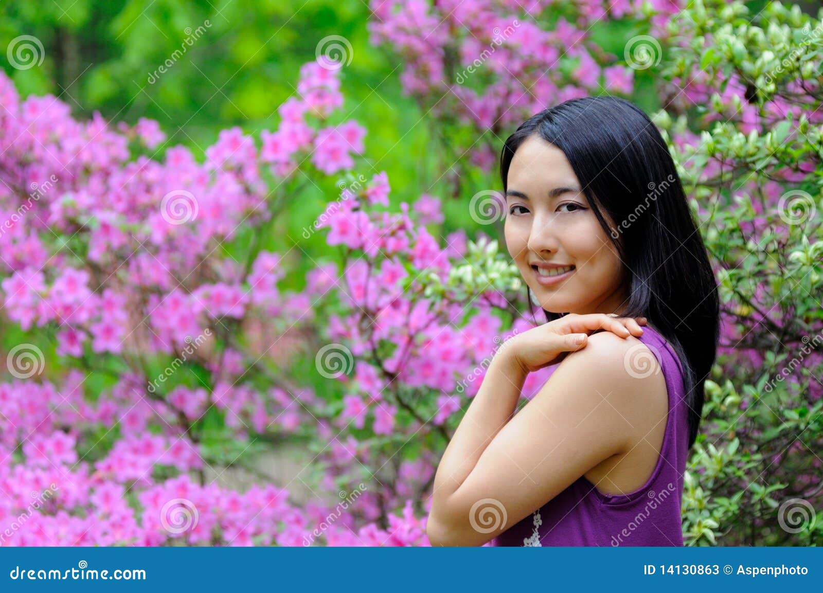 Asian woman - spring stock image. Image of woman, purple - 14130863