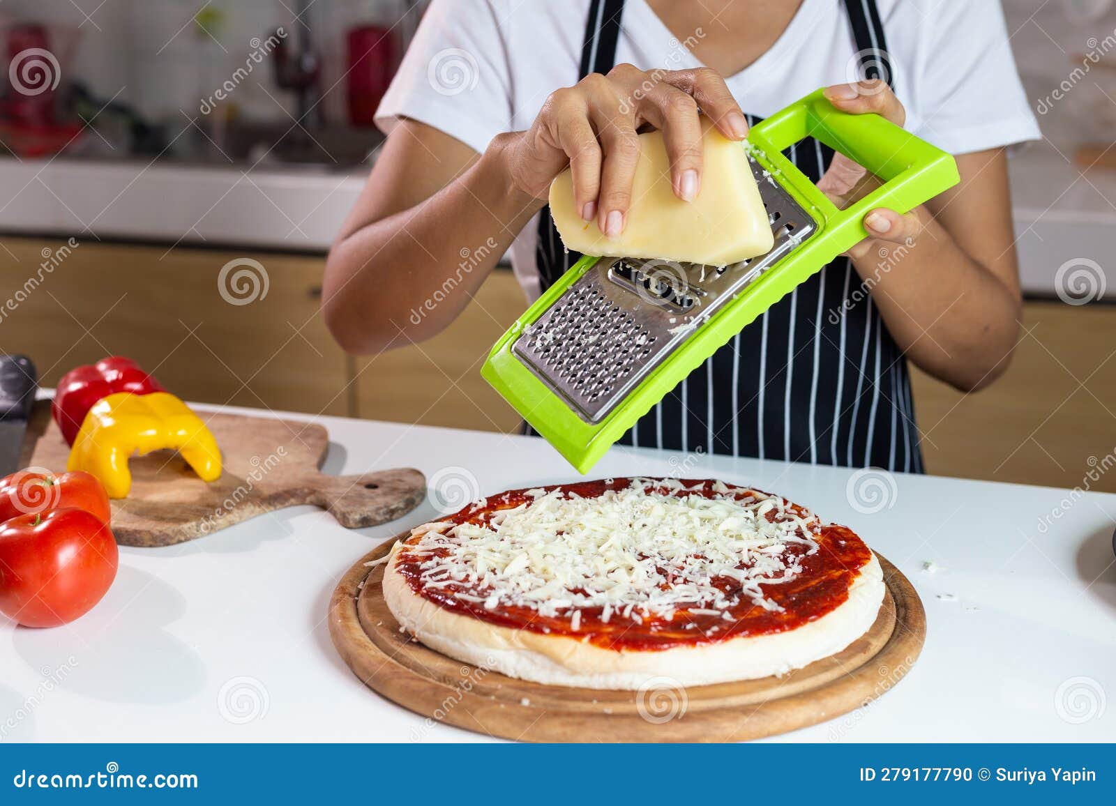 Woman Sprinkle Cheese on the Pizza Stock Photo - Image of baker ...