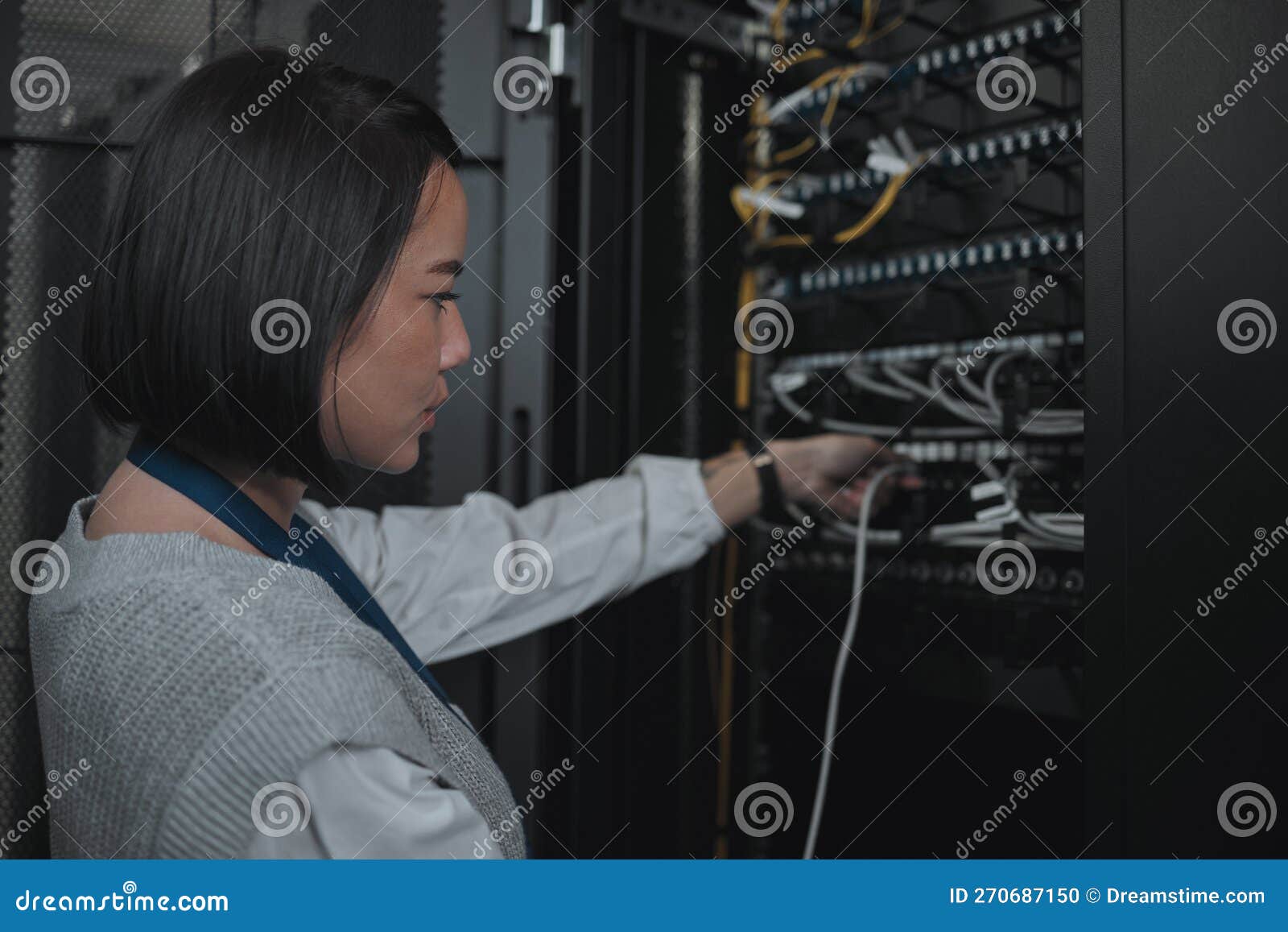 Asian Woman, Technician and Server Room for Cabling, Networking or ...