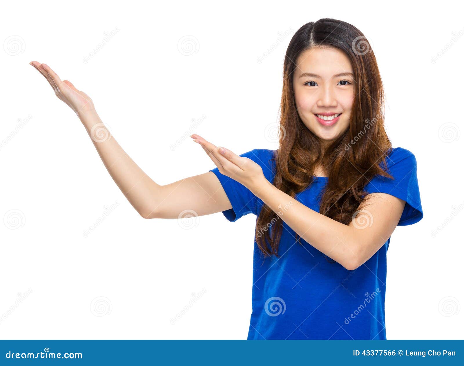Asian Woman with Two Hand Presentation Stock Photo - Image of blue ...