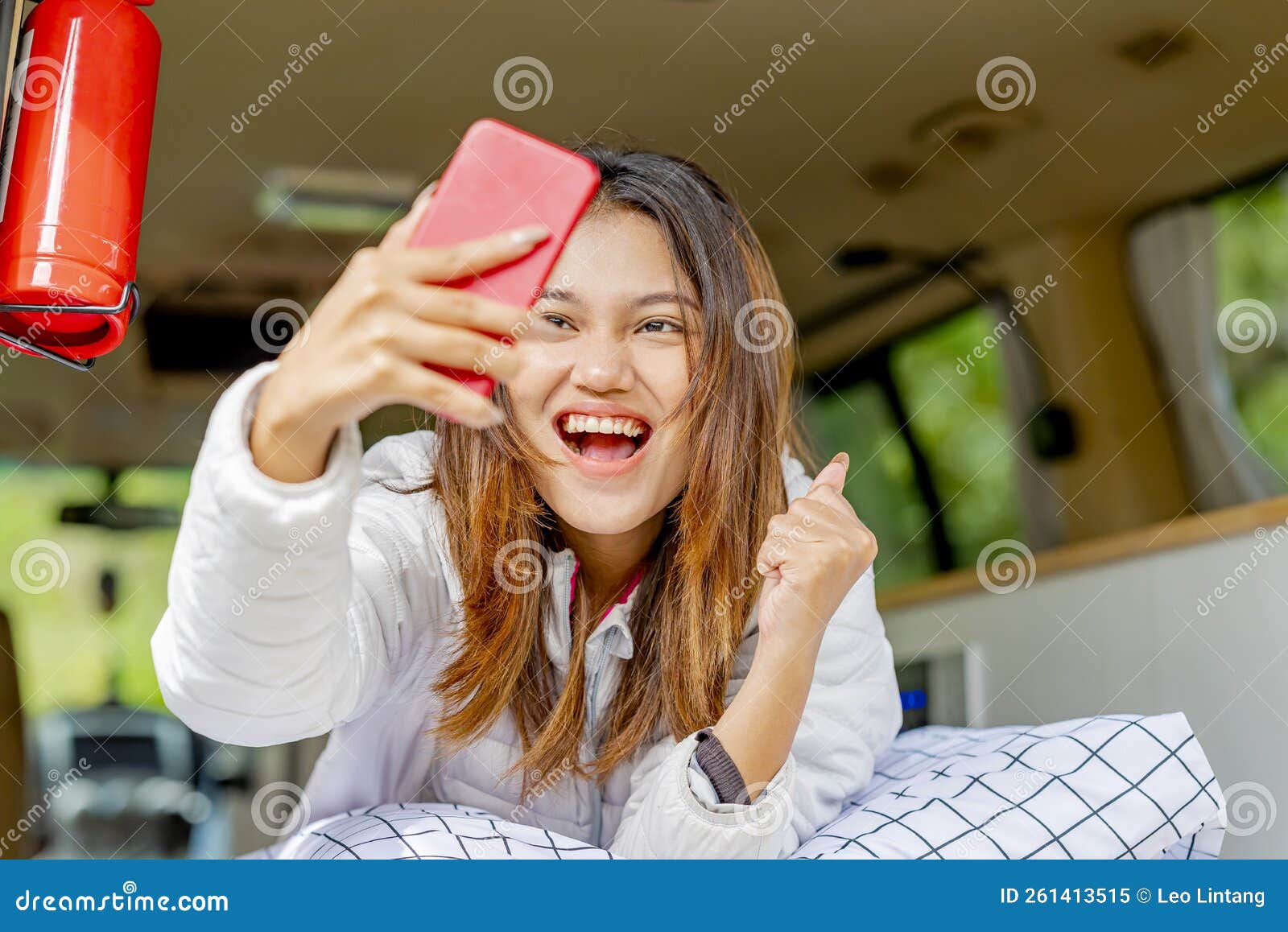 Asian Woman Using Mobile Phone Inside the Campervan Stock Image - Image ...