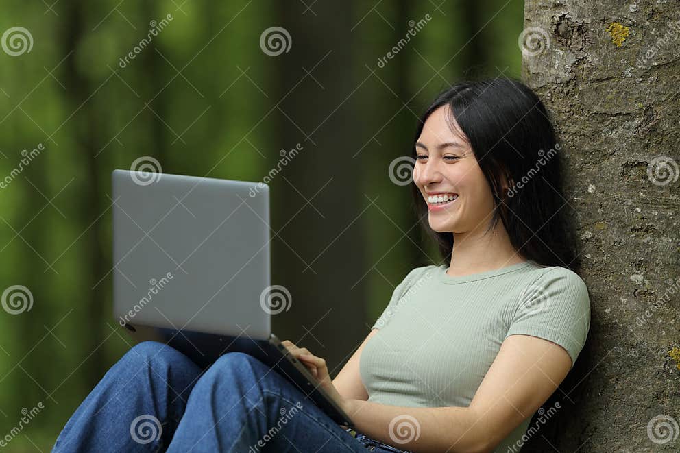Asian Woman Using Personal Computer in a Forest Stock Image - Image of planning, learning: 335987709