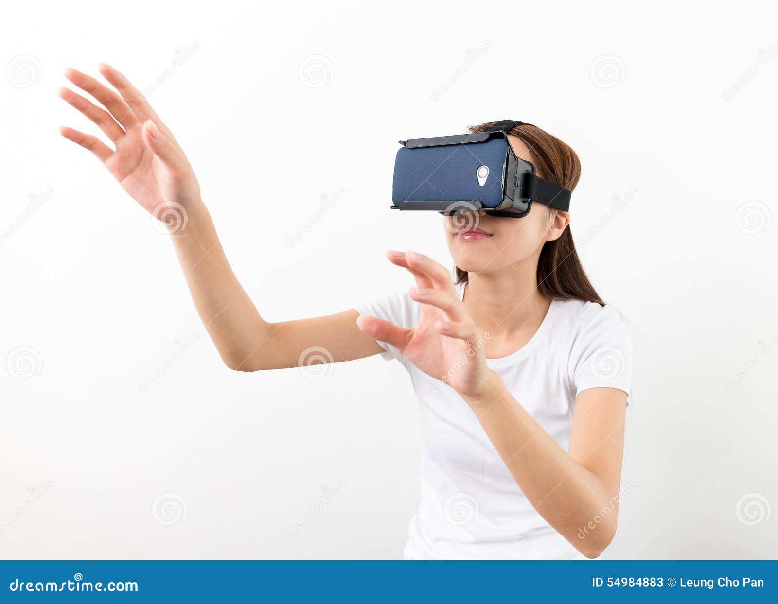 Asian Woman Using the Virtual Reality Headset and Two Hand Touch Stock ...