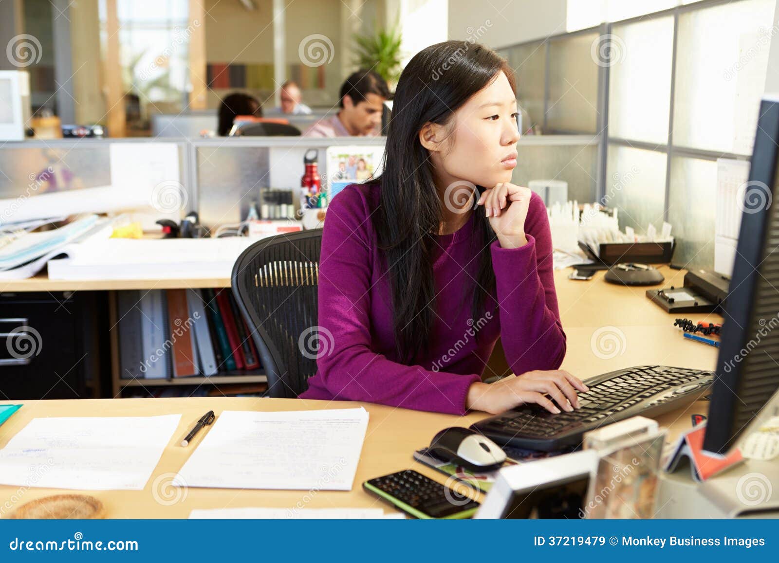 Asian Woman Working at Computer in Modern Office Stock Image - Image of ...