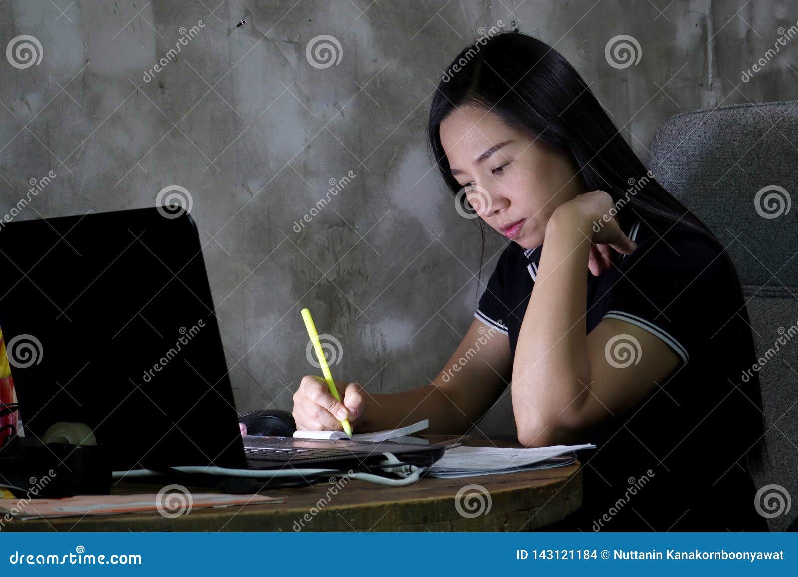 Asian Woman Working from Home Late at Night Stock Photo - Image of ...