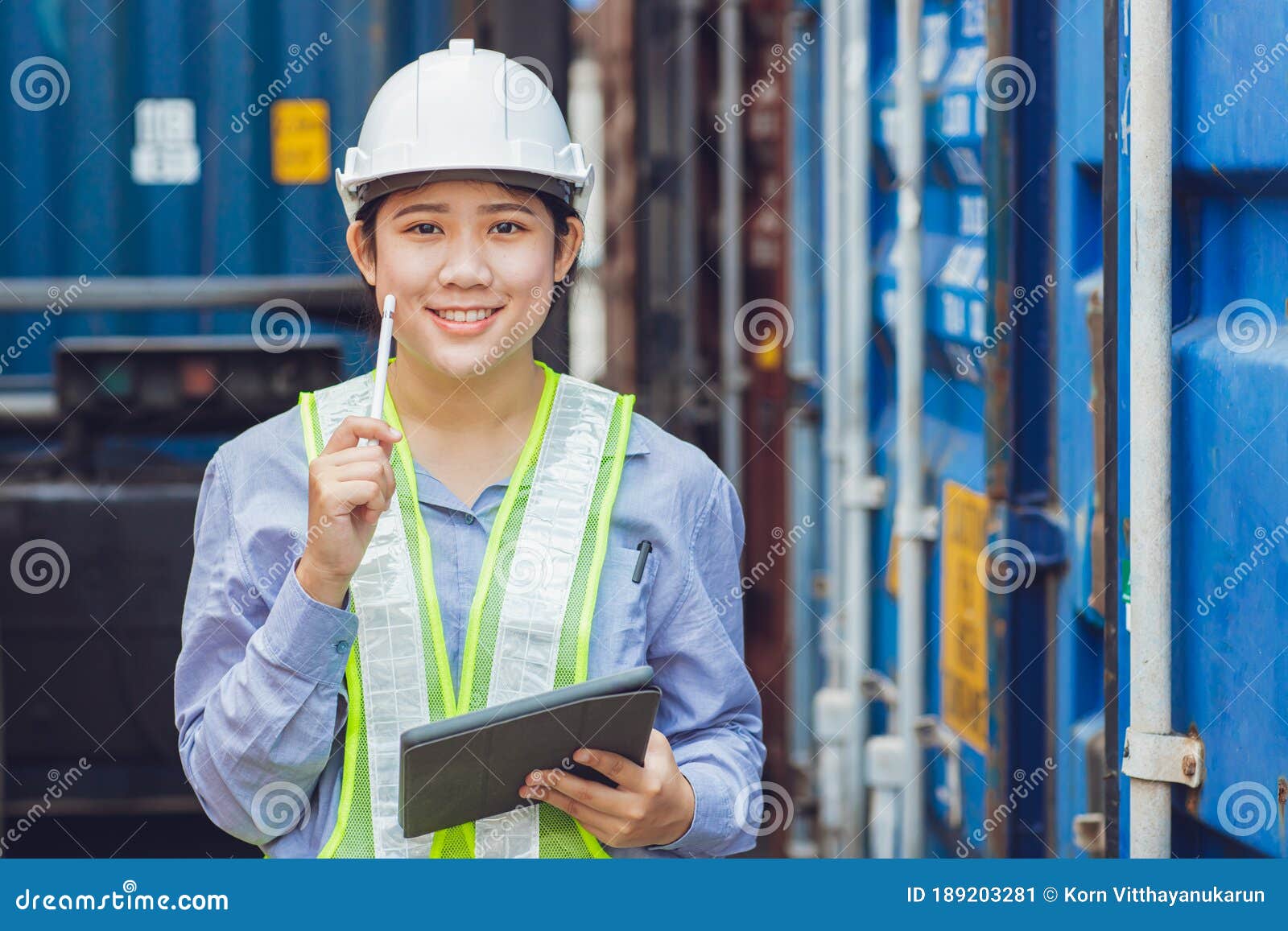 Asian Woman Working in Shipping Logistic Cargo Loading Area Checking ...