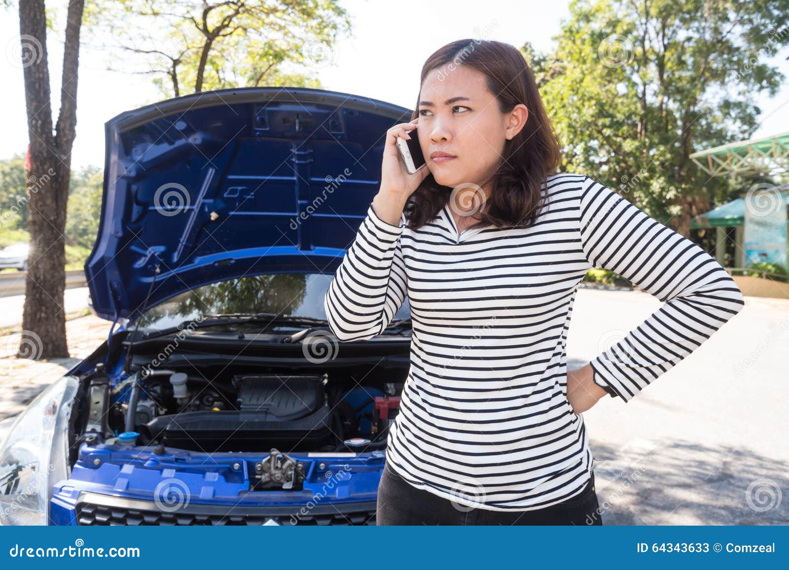 Asian Women Calling for Assistance after Breaking Down Car Stock Image ...