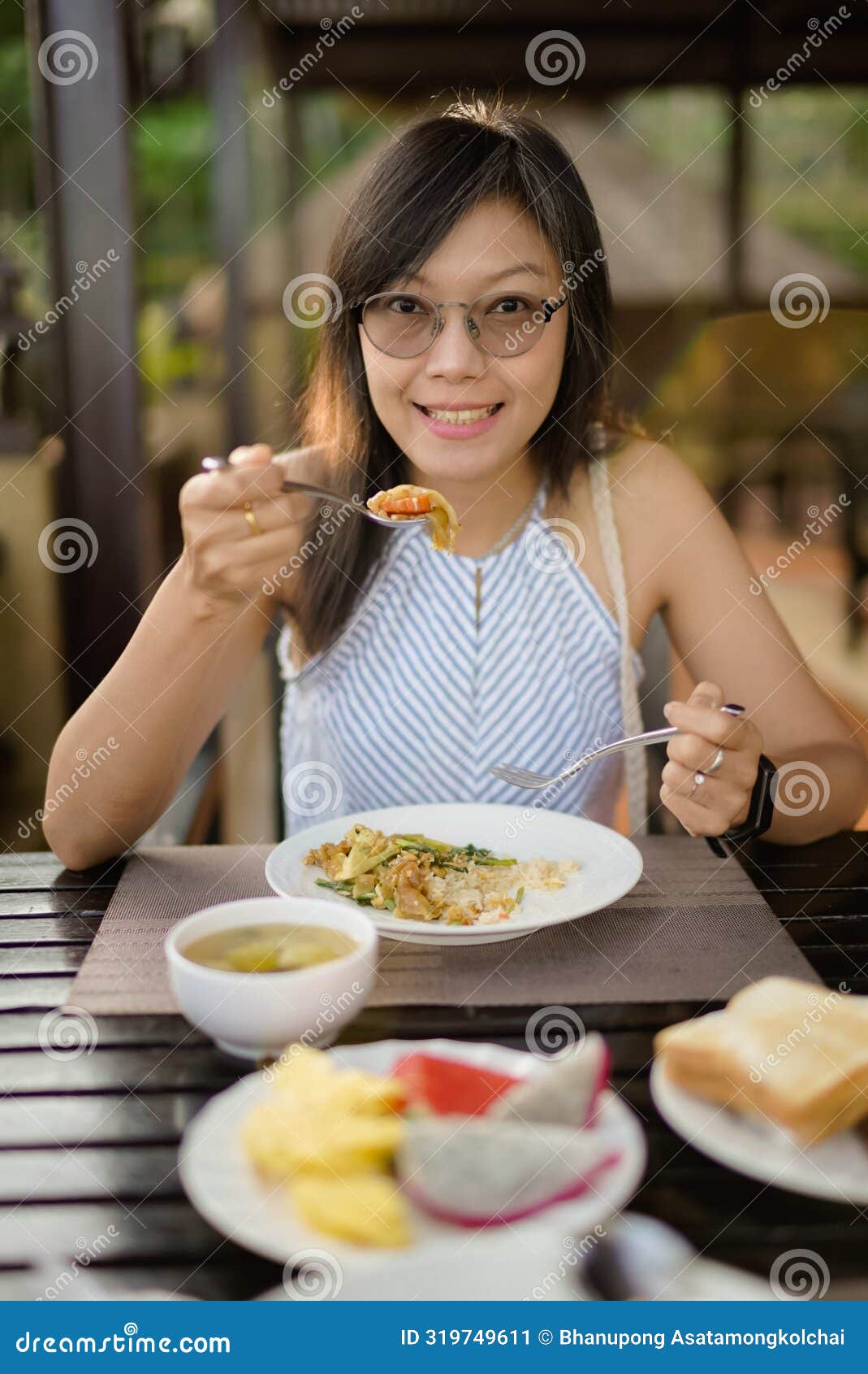 Asian Women Eating Breakfast on the Table Stock Image - Image of home ...