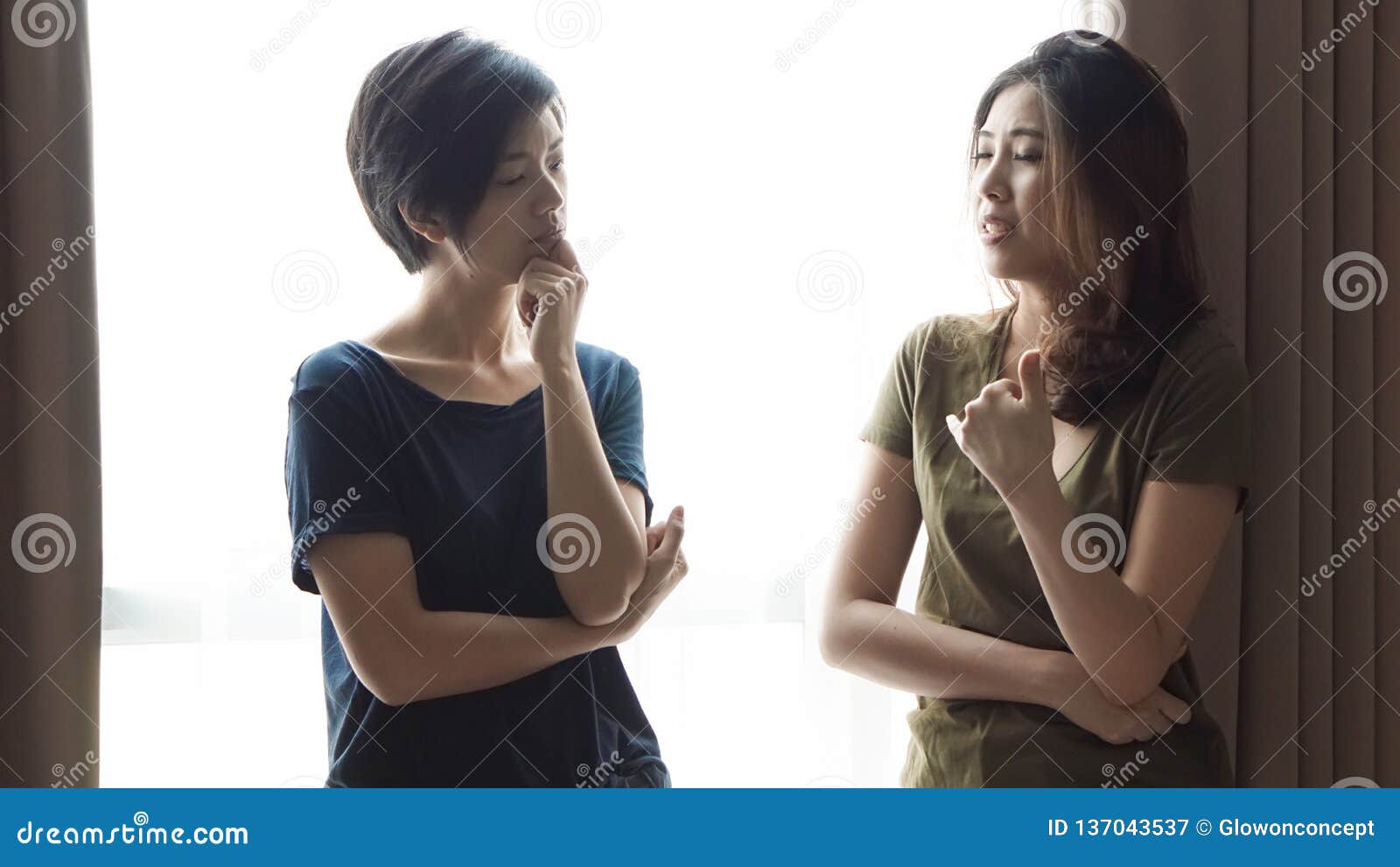 Asian Women Friends Stress on Difficult Situation, Fighting Problems ...