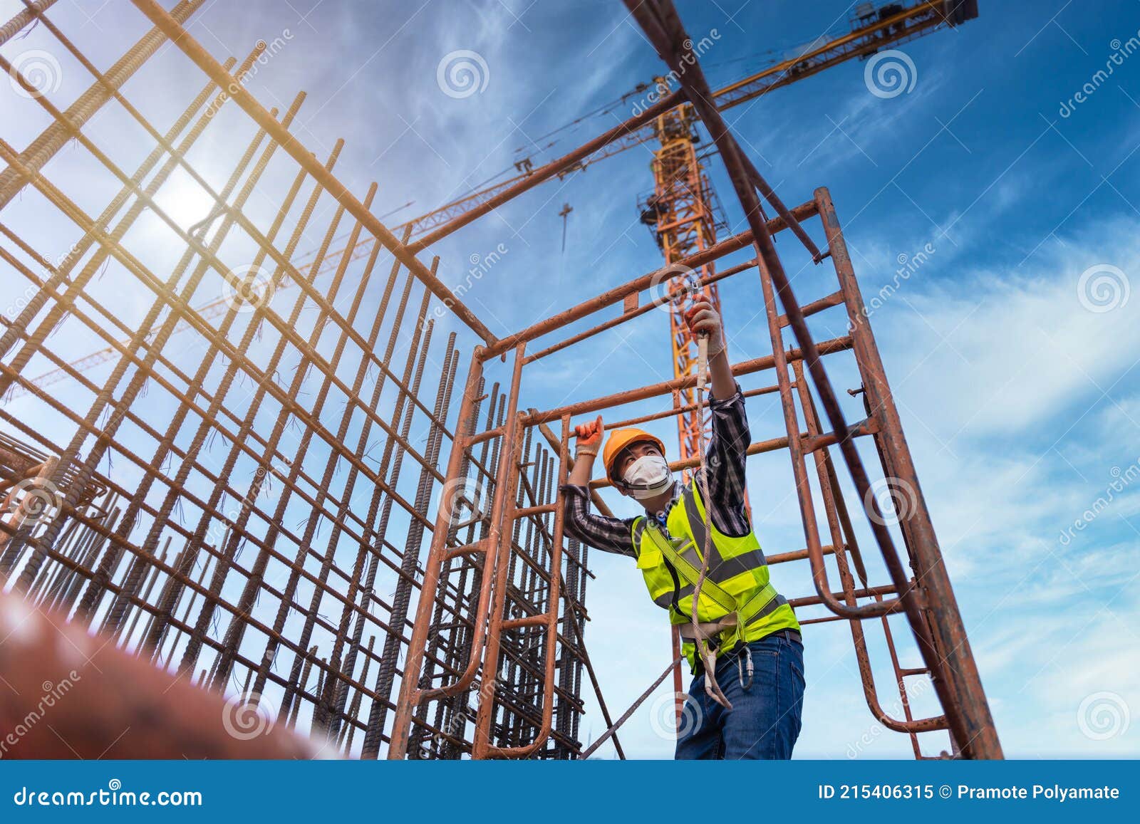 Asian Worker Working on Steel Structure at Height Equipment ...