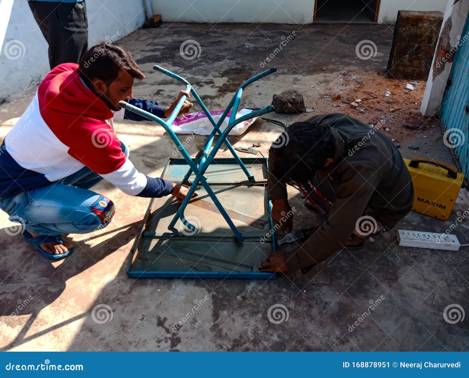 Asian Workers Making Iron Table at Open Area Workplace in India January ...