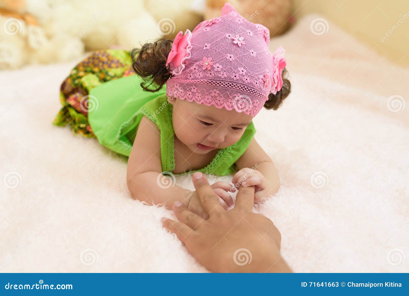 Asian Young Baby Play with Man Hand. Stock Image - Image of indoors ...