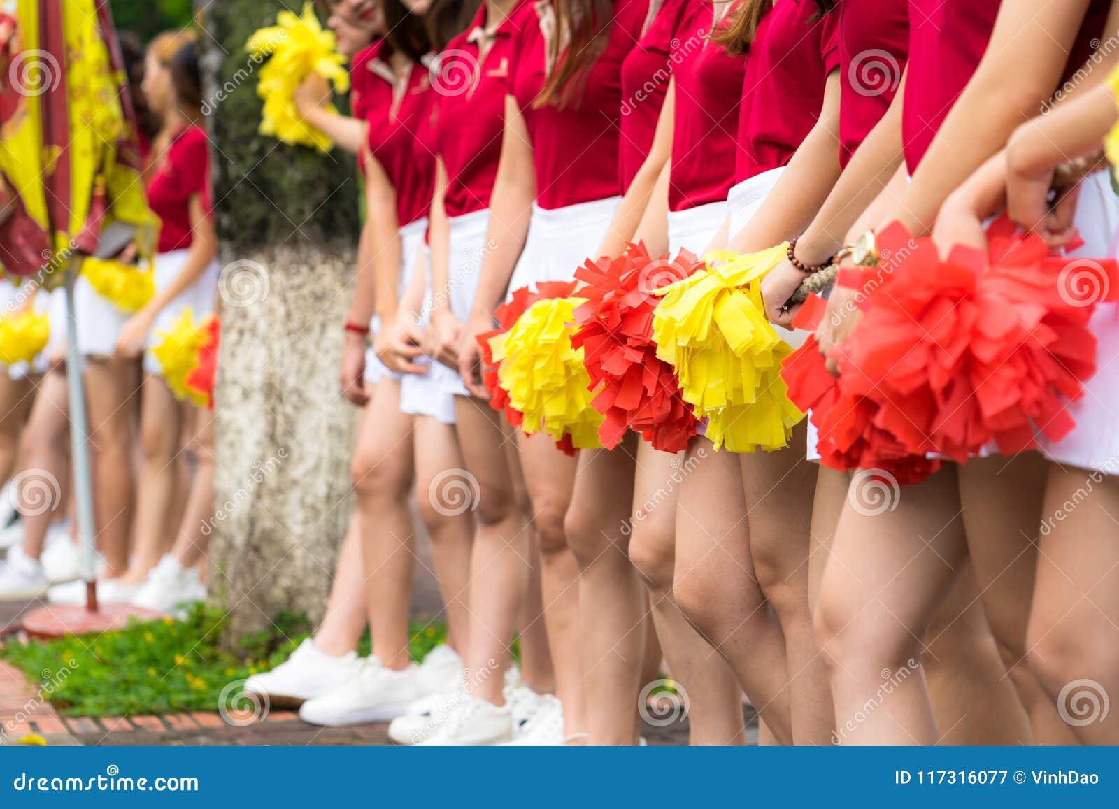 Asian Young Cheerleader Group Closeup with Legs Standing on Row Stock ...