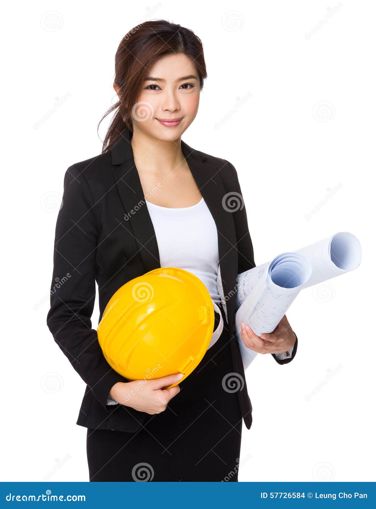Asian Young Engineer with Yellow Helmet and Blue Print Stock Photo ...