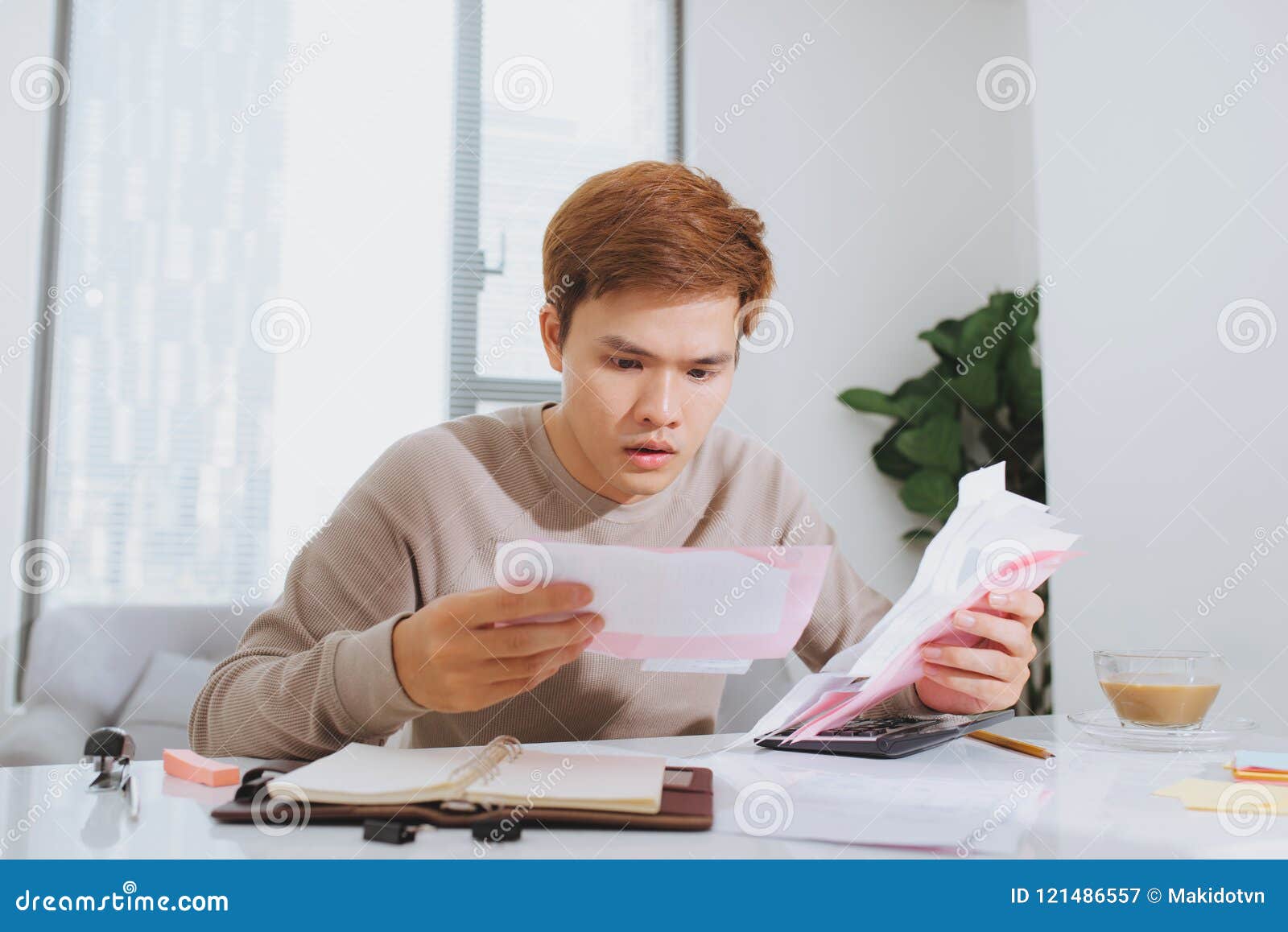 Asian Young Man Counting Using Calculator and Stress in Problem Stock ...