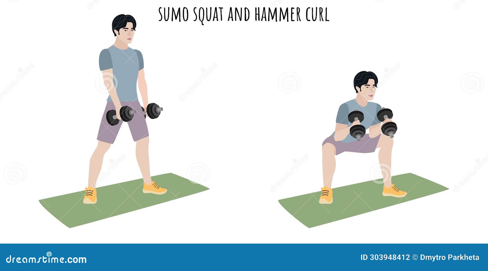 Asian Young Man Doing Sumo Squat And Hammer Curl Stock Illustration Illustration Of Body