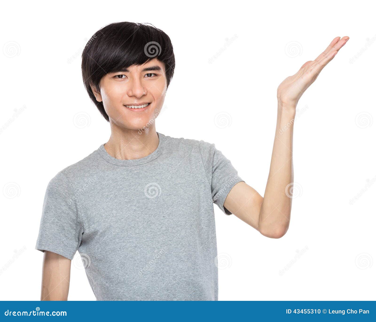 Asian Young Man with Hand Presentation Stock Photo - Image of shirt ...