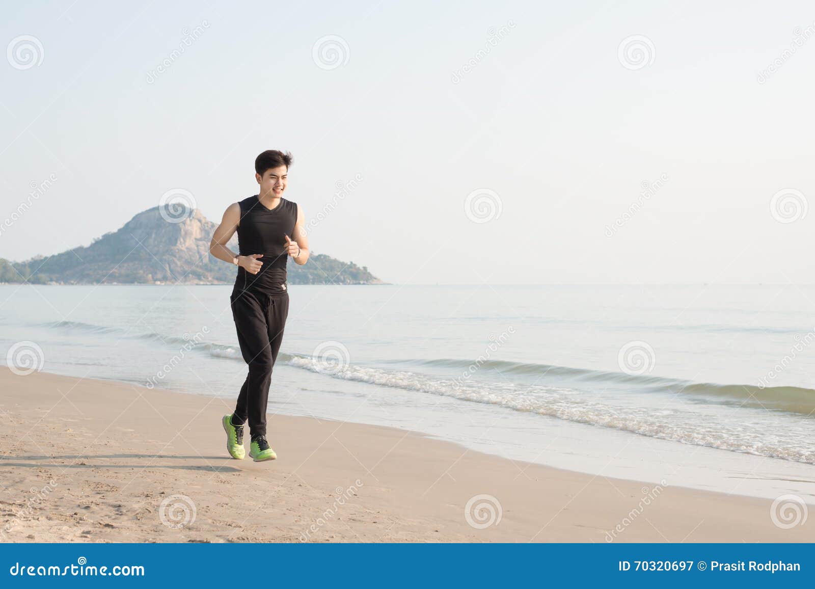 Asian Young Man Running Alone at the Beach in Morning Stock Image ...