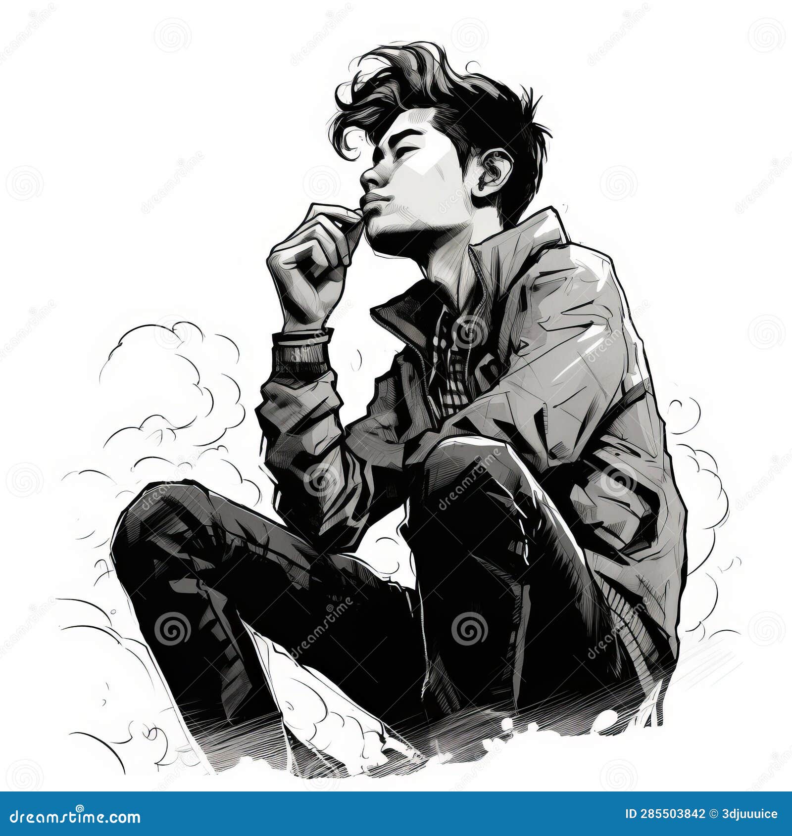 Asian Young Man in Thinking and Doubts Black and White Illustration ...