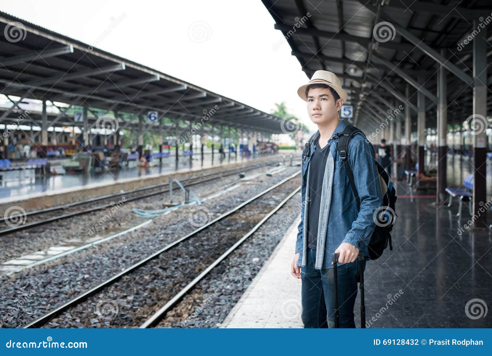 Asian Young Man Waiting Train at Station Stock Photo - Image of ...
