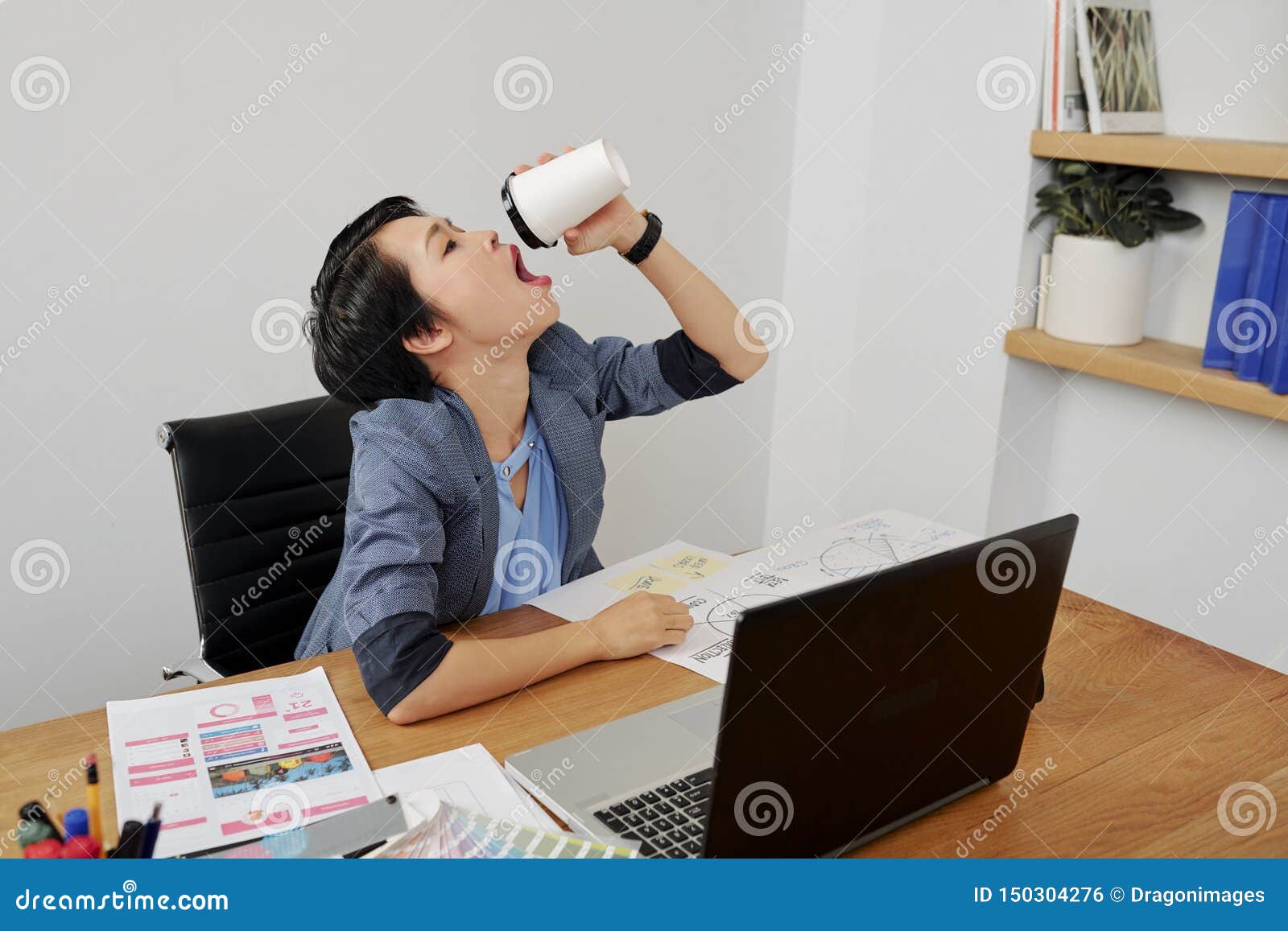 Woman Drinking Coffee at Office Stock Photo - Image of asian, people ...