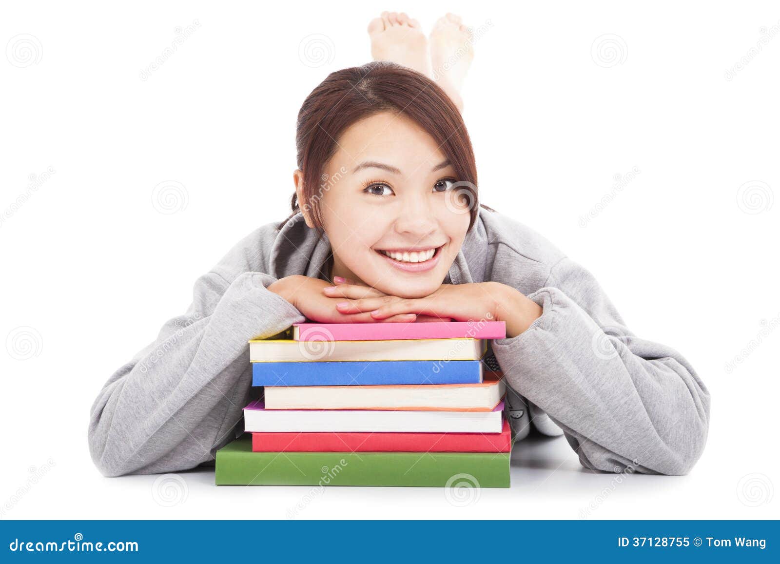 Asian Young Student Lying on Stacked Books Stock Image - Image of happy ...