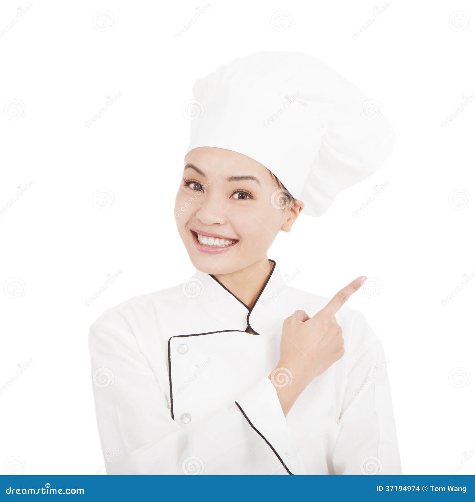 Asian Young Woman Chef Pointing Direction Stock Photo - Image of ...