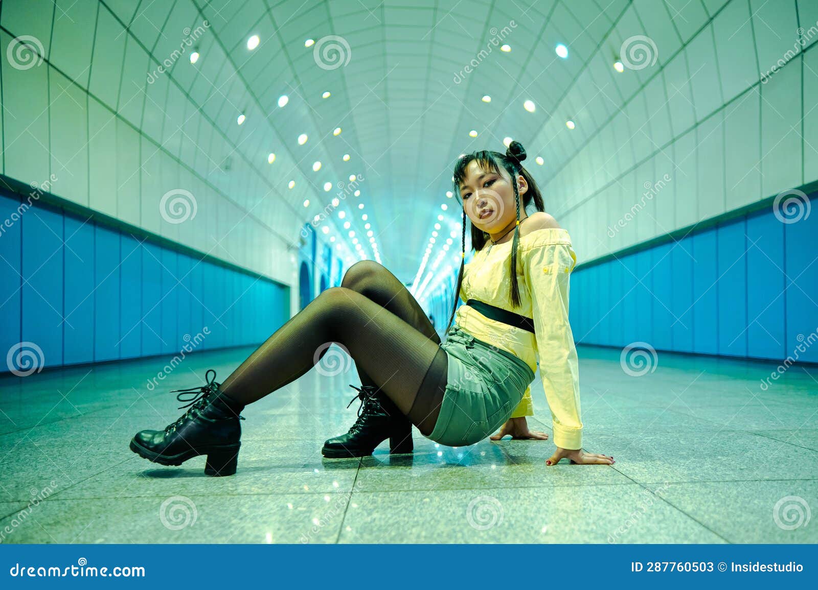 Asian Young Woman Posing in the Subway Passage. Stock Image - Image of ...