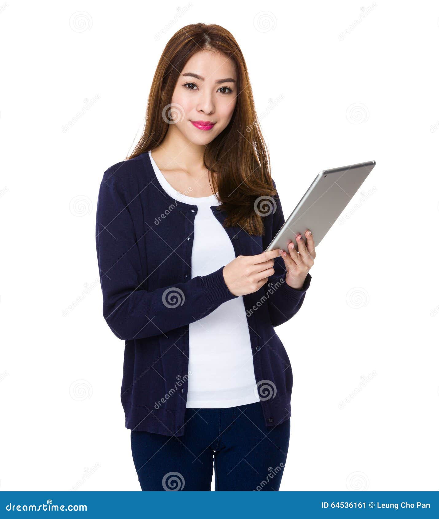 Asian Young Woman Use of the Tablet Pc Stock Image - Image of cardigan ...
