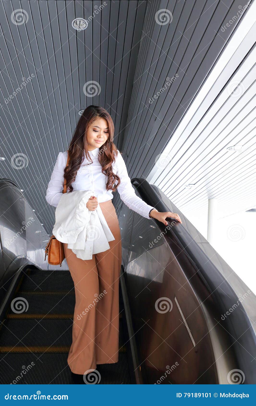 Asian Young Woman Walk Climb Escalator Stock Image - Image of girl ...