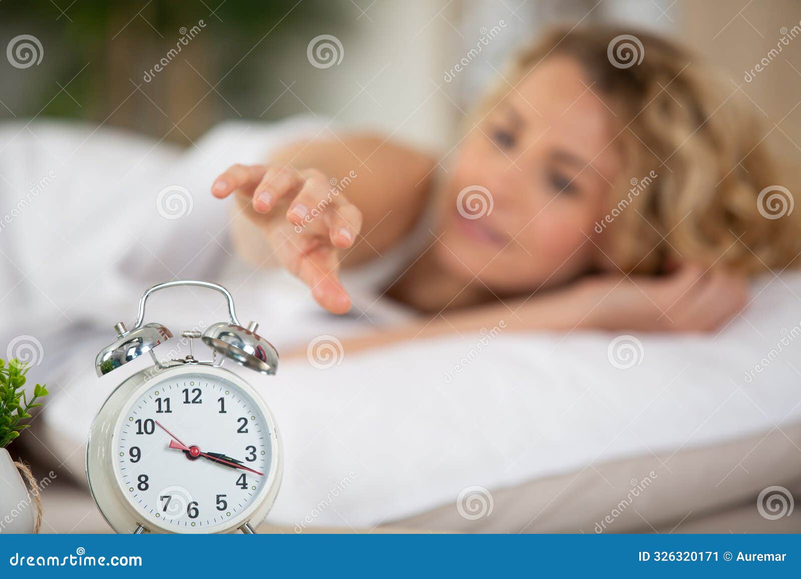 Asleep Girl Stopping Alarm Clock on Bed Stock Image - Image of wake ...