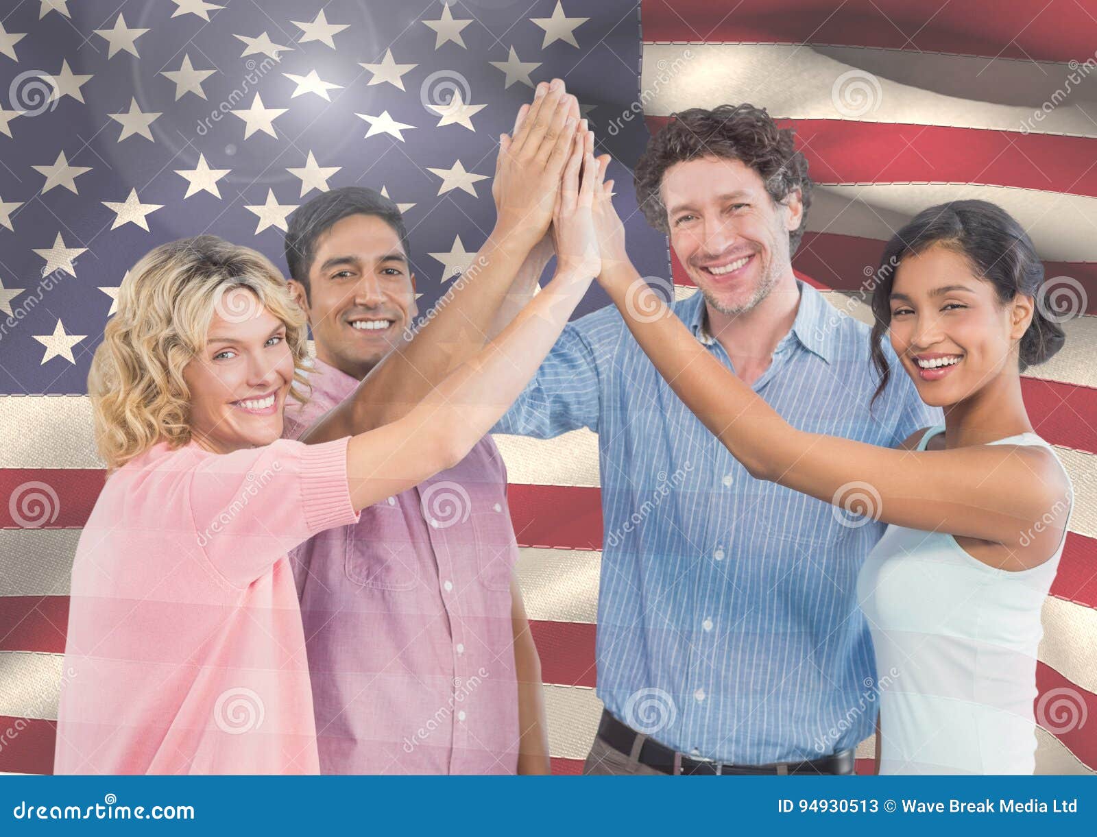 ASmiling Friends with Hands Together Against American Flag Stock Image ...