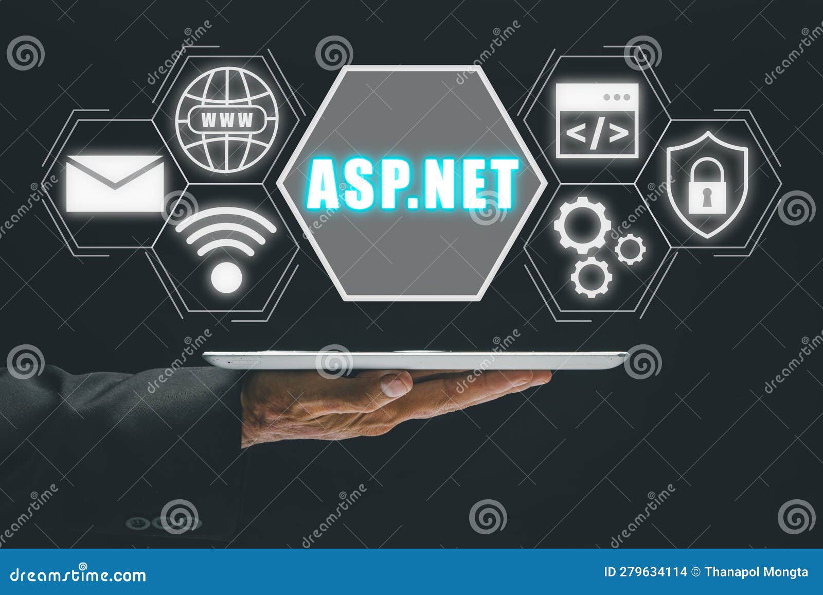 Person Using Tablet with ASP.NET Icon on Virtual Screen Stock Photo ...