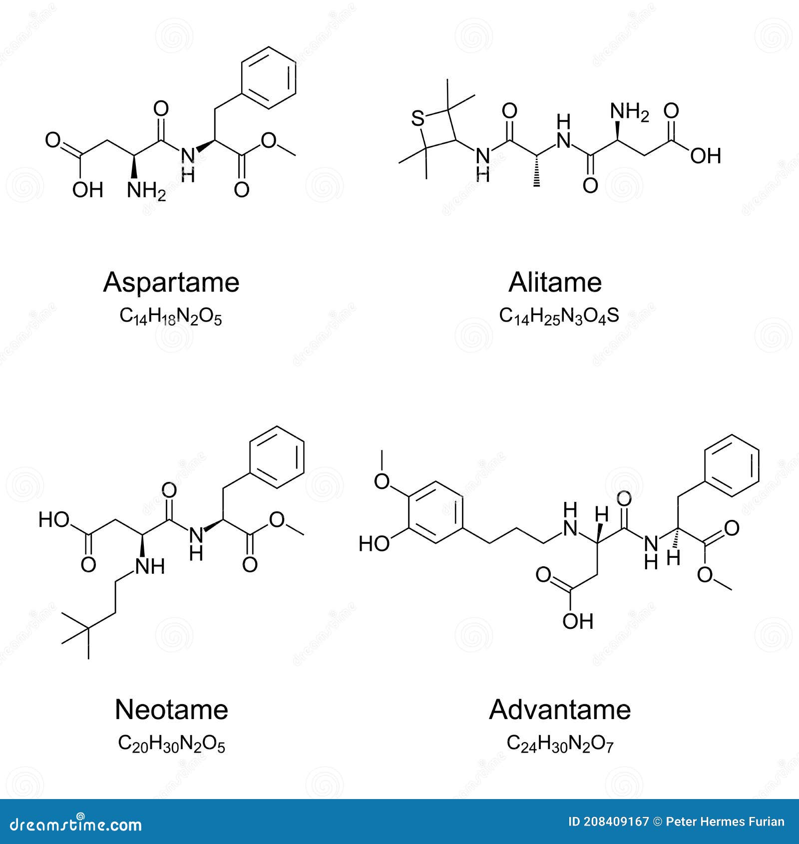 Aspartame with Analog Alitame, Neotame and Advantame, Chemical Formulas ...