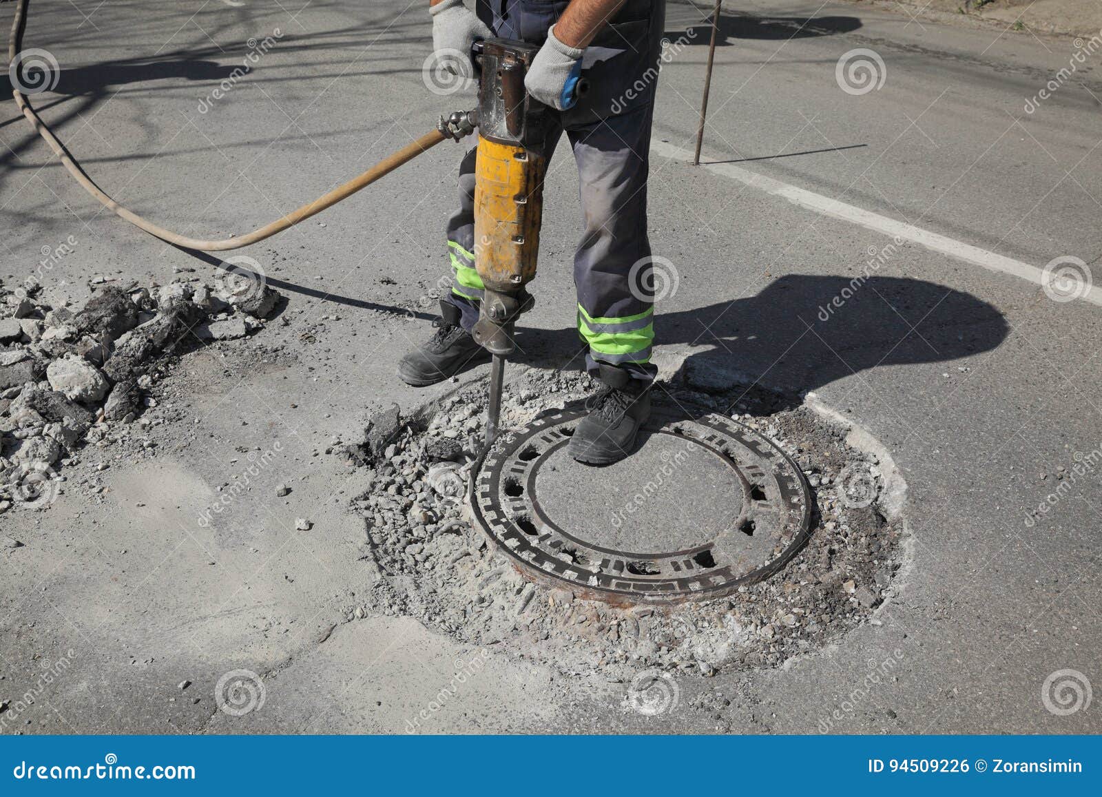 Asphalt Demolishing, Worker and Jackhammer Stock Photo - Image of ...