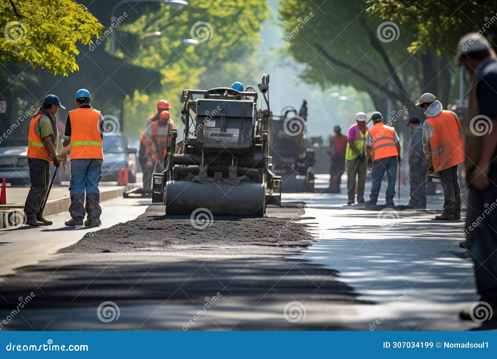 Asphalt Paver Laying Down Fresh Asphalt on a Road, with Workers ...