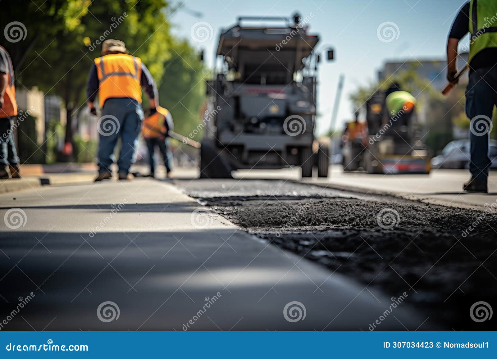 Asphalt Paver Laying Down Fresh Asphalt On A Road, With Workers ...