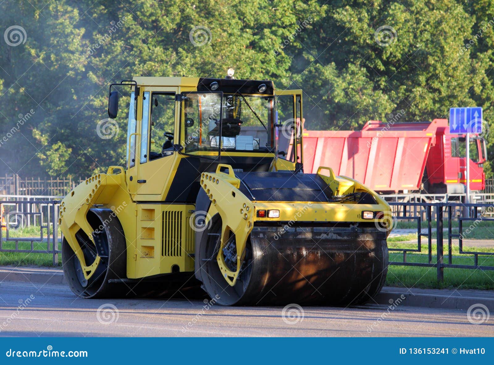 Asphalt Paver Machine and Asphalt Roller Repairs Road Stock Image ...