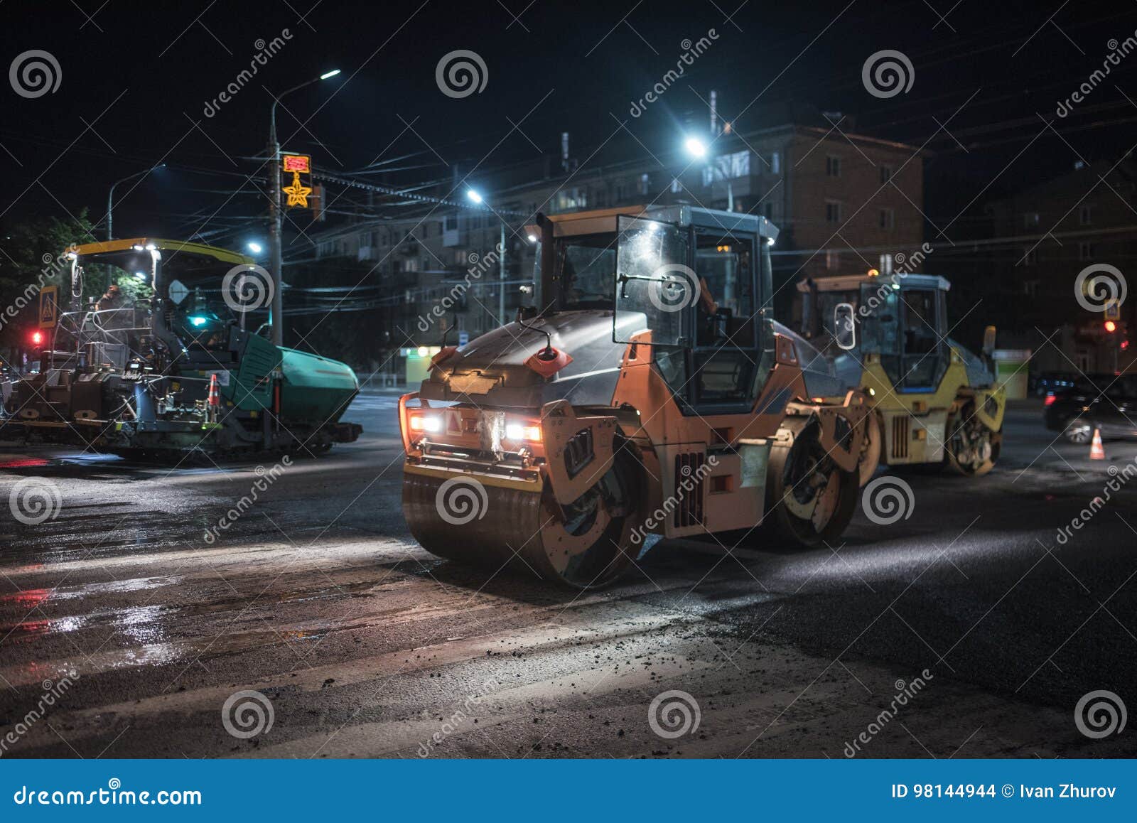 Asphalt Paving with Road Roller at Night Stock Photo - Image of city ...
