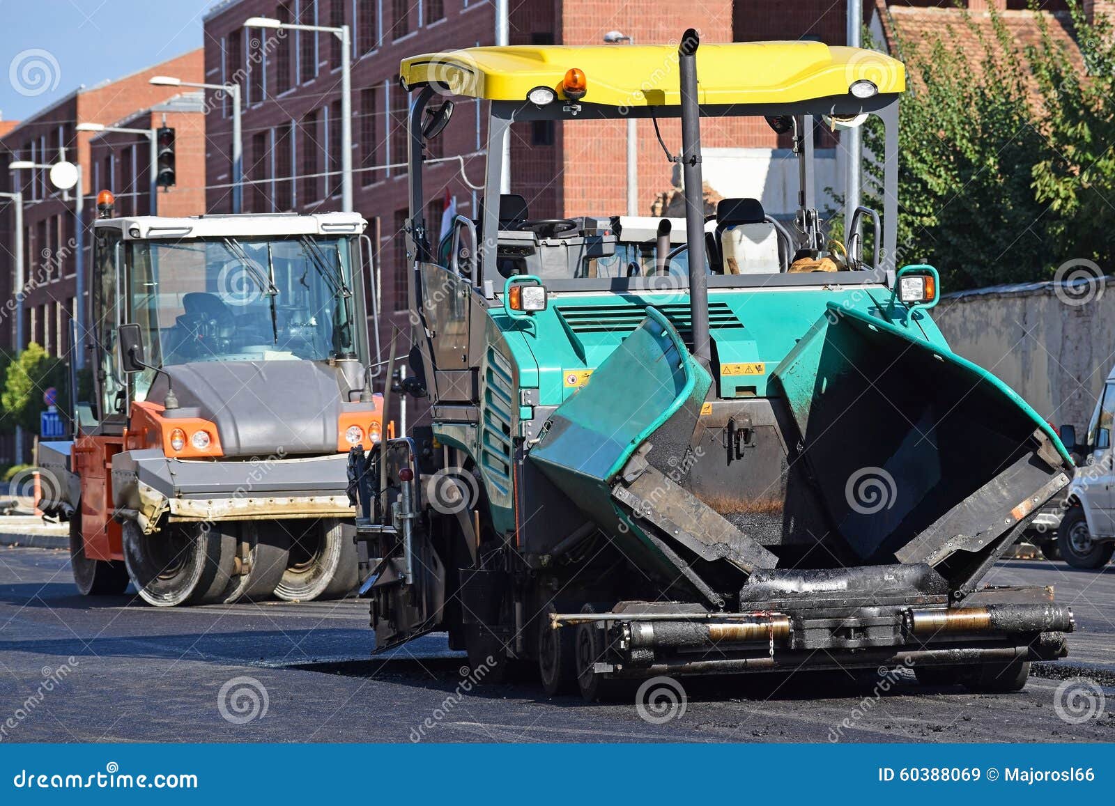 Asphalt Paving Vehicle and Road Roller Stock Image - Image of steam ...