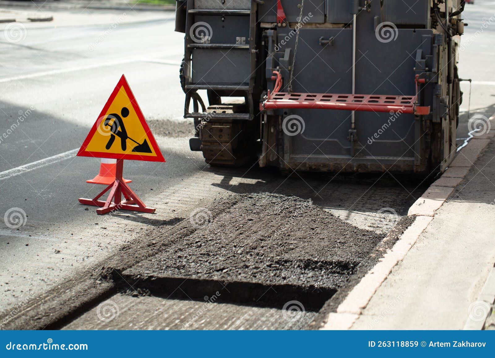 Asphalt Repair. Fraser and Road Sign. Stock Image - Image of street ...