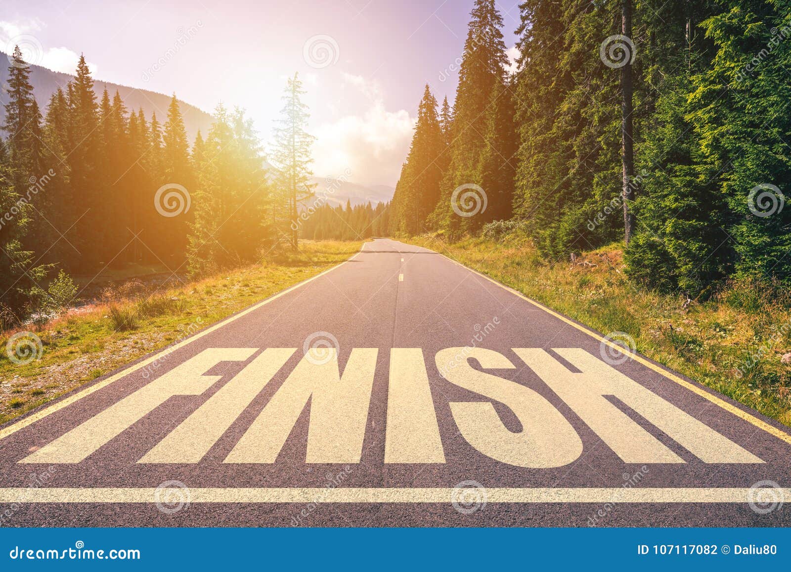 Asphalt Road with Finish Line Message. Stock Photo - Image of path ...