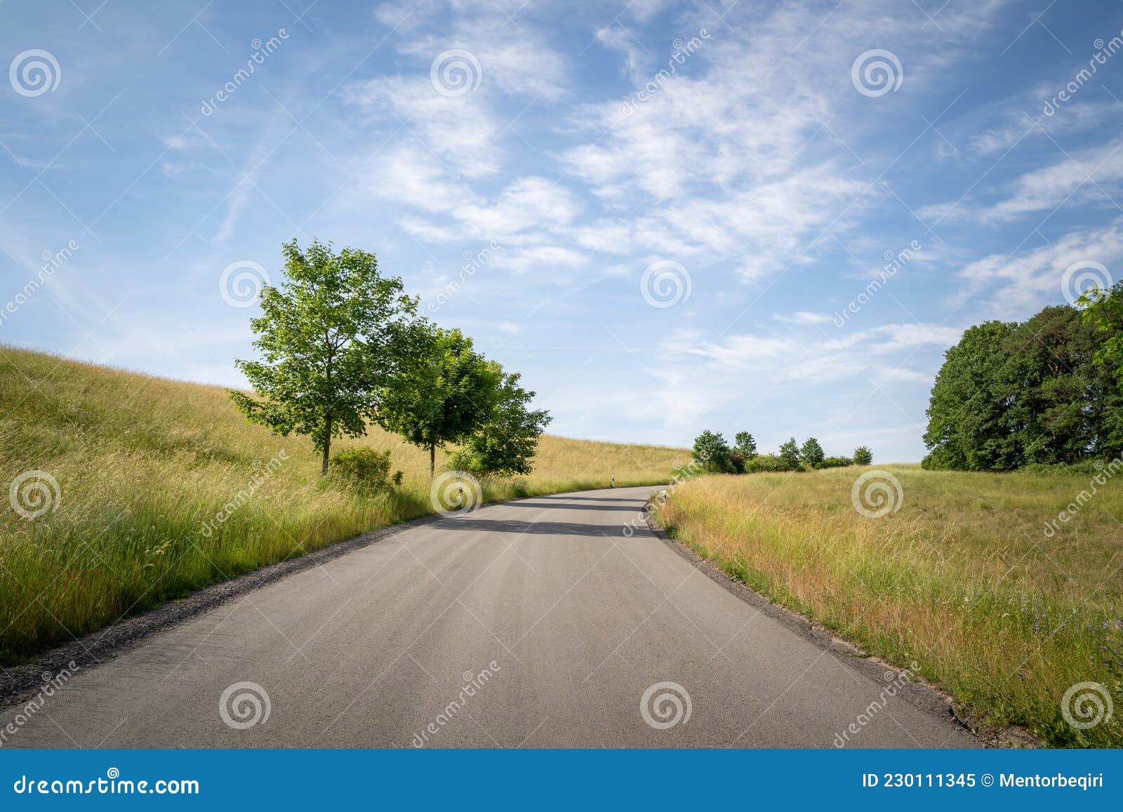 Asphalt Road between Grass Fields with Blue Sky Stock Image - Image of ...