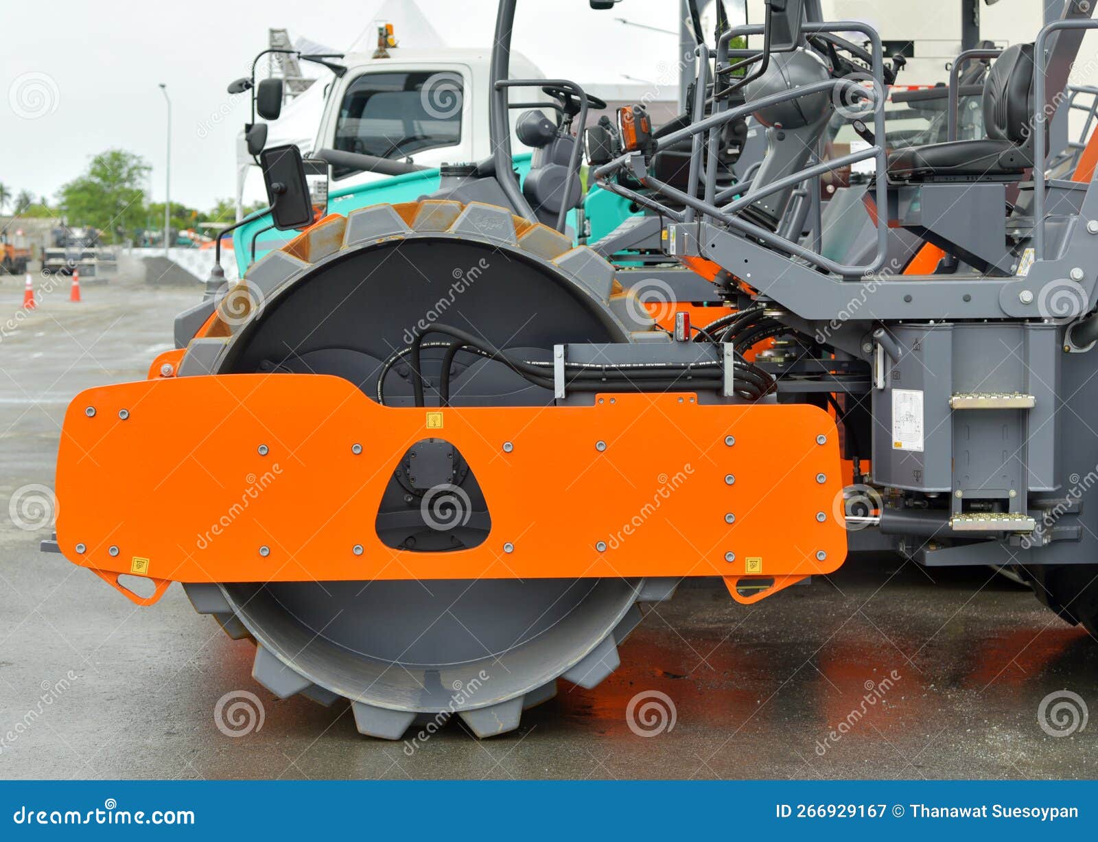 Asphalt Road Roller with Heavy Duty Rollers at Construction Site. Stock ...