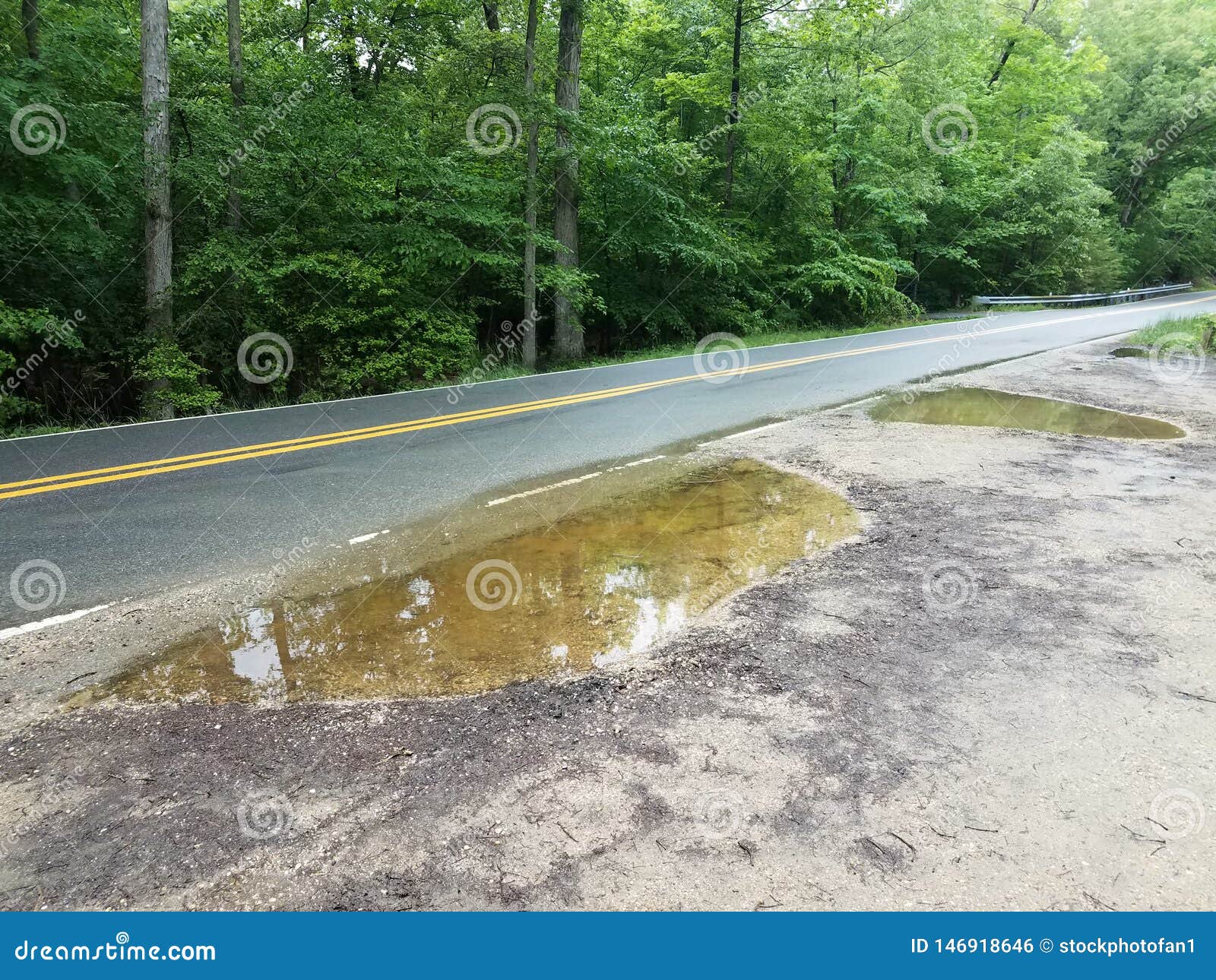 Asphalt Road and Side of Road with Large Water Puddles Stock Photo ...