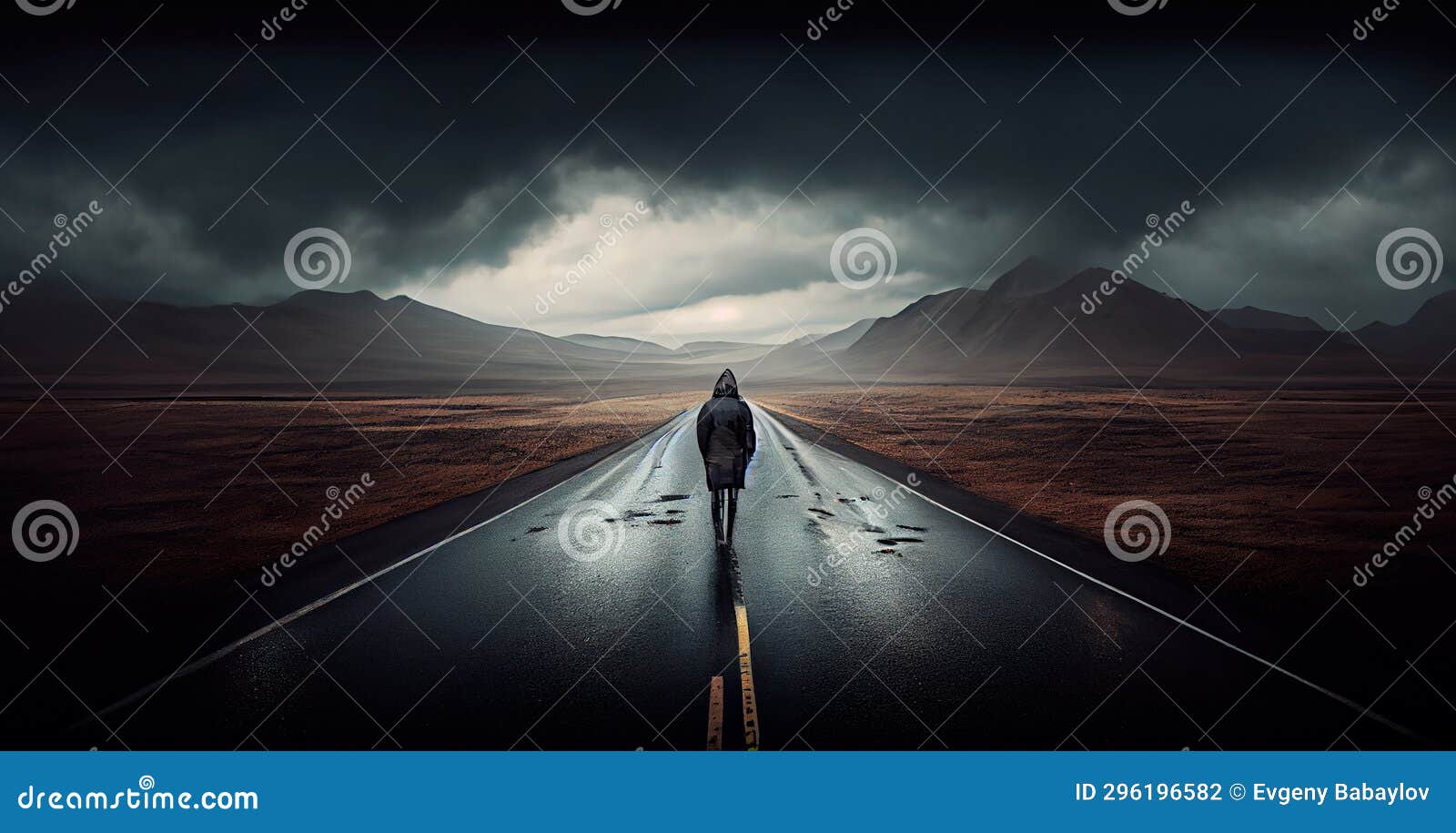 An Asphalt Road Stretching into the Distance, a Man Walking Along the ...