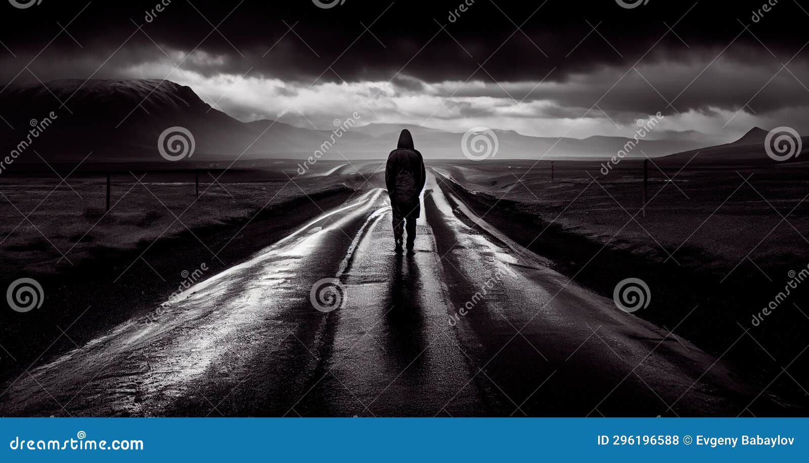 An Asphalt Road Stretching into the Distance, a Man Walking Along the ...